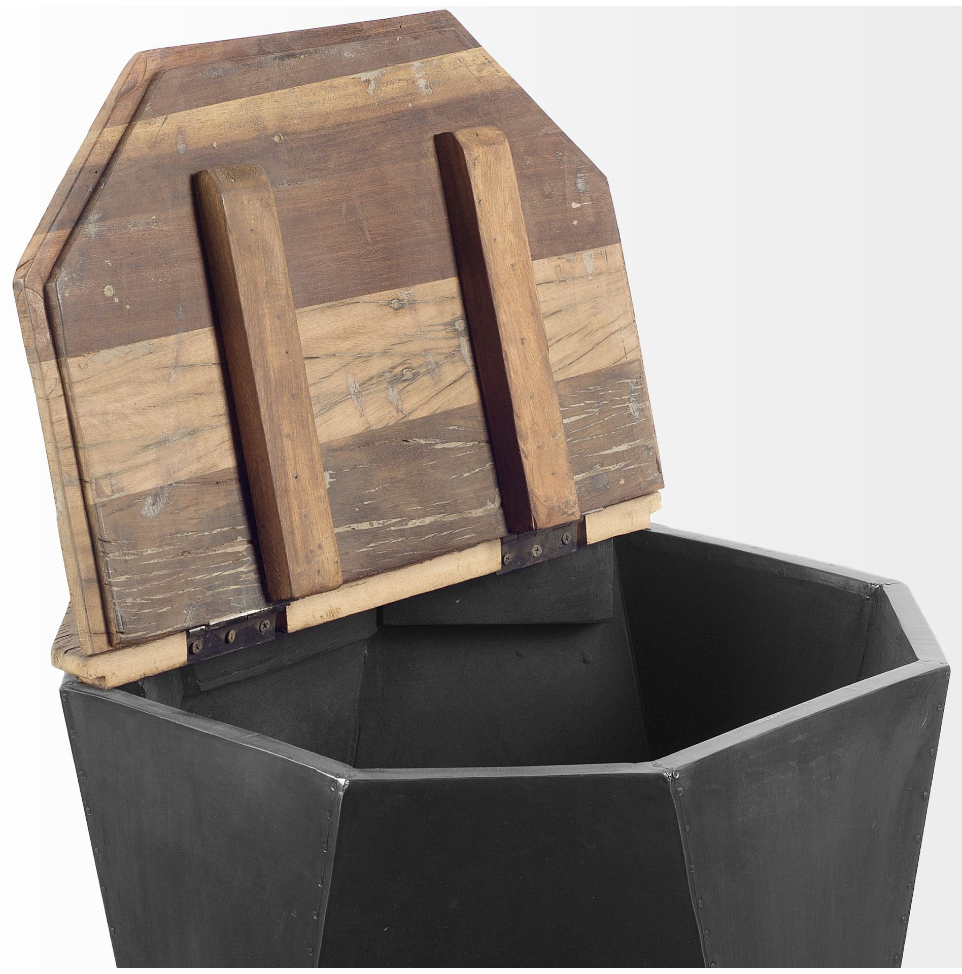 Esagono Black Metal & Reclaimed Wood Octagonal Side Table w/Hidden ...