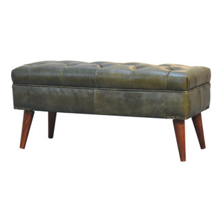 Solid Wood Harbour Green Bench, Green, Upholstered - Midcentury ...