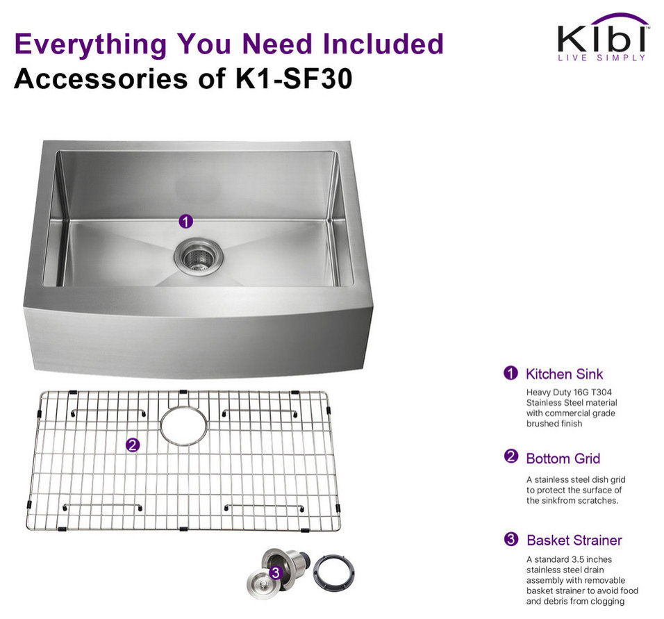 KIBI Handcrafted Farmhouse Apron Single Bowl Stainless Steel Kitchen ...