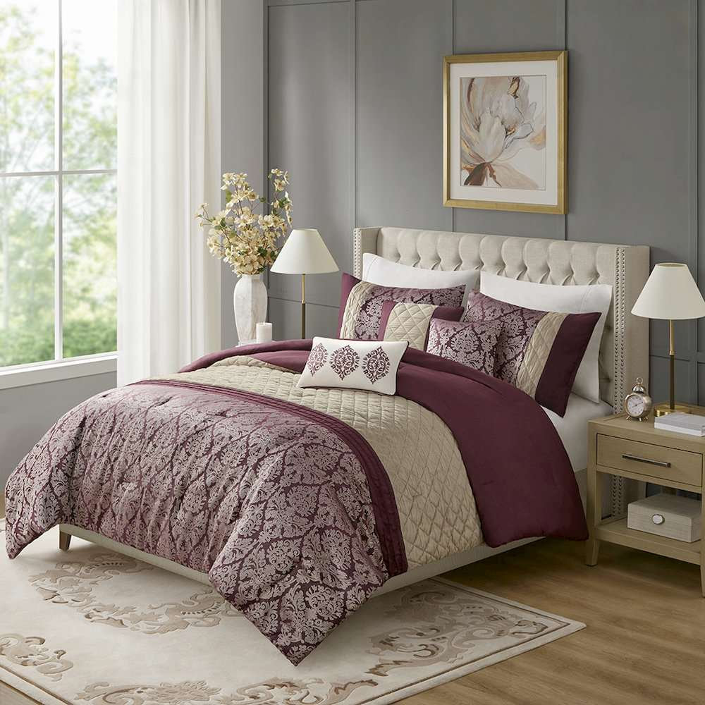 Lily 6 Piece Jacquard Comforter Set with Throw Pillows in Plum Color ...