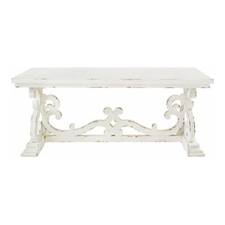 Distressed White Coffee Table with Double Pedestal and Scroll Detail ...