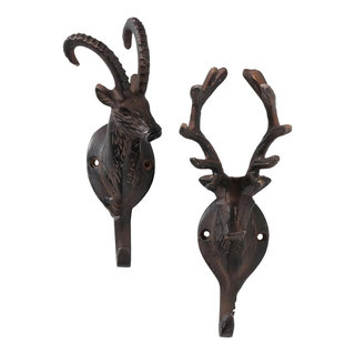 Stag and Ram Head Wall Hooks, Set of 2 - Rustic - Wall Hooks - by Whole ...