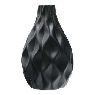 Ceramic Round Bellied Vase with Embossed Wave Design, Set of 2, Black ...