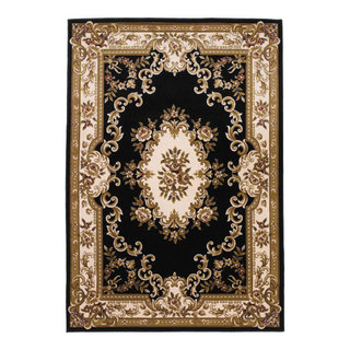 10'x13' Black Ivory Machine Woven Hand Carved Floral Medallion Indoor ...