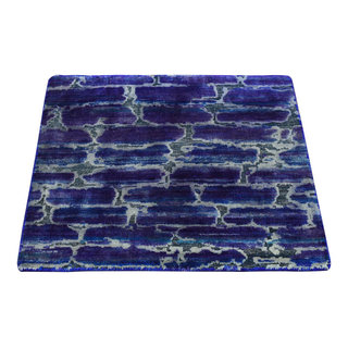 Blue Small Square Design, Sari Silk with Wool Hand Knotted Rug 2'x2 ...