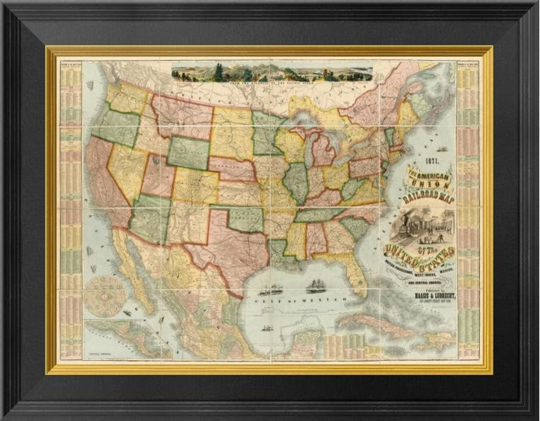 American Union Railroad Map Of The United States, 1871, 20"x1.5"x16 ...
