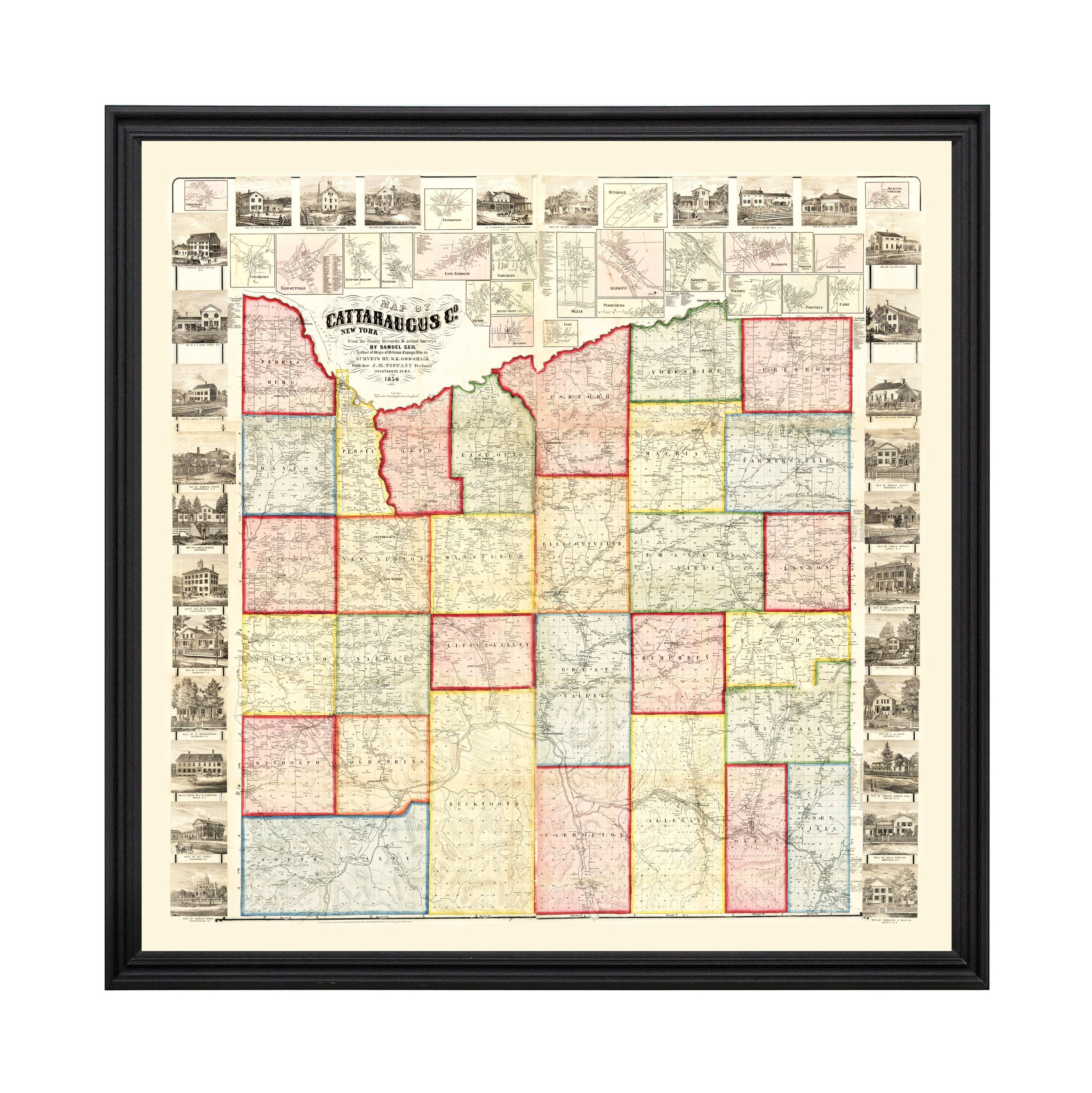 Cattaraugus County Map Framed Art 1856, Vintage NY Wall Decor, 24x24 ...