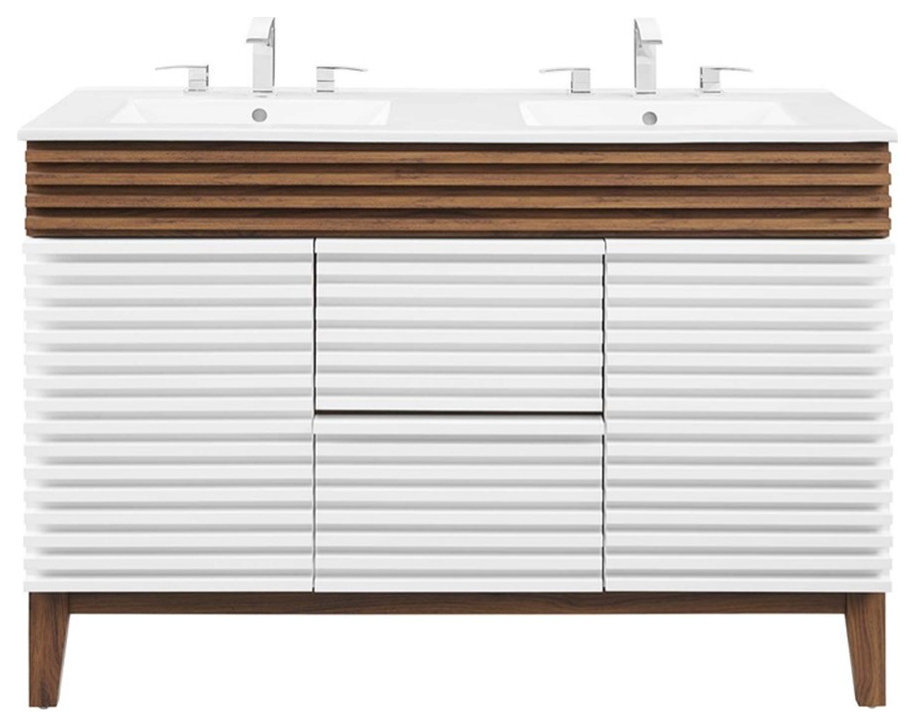 Modway Render 48" MDF Wood Double Sink Bathroom Vanity in White/Walnut ...