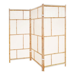 Handcrafted Bamboo 3-Panel Room Divider Privacy Screen, Ecru Fabric ...