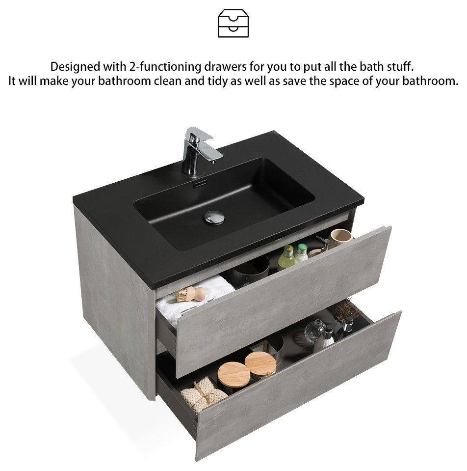 Wall-Mounted 2-drawer Bathroom Vanity Set in Cement Grey with ...