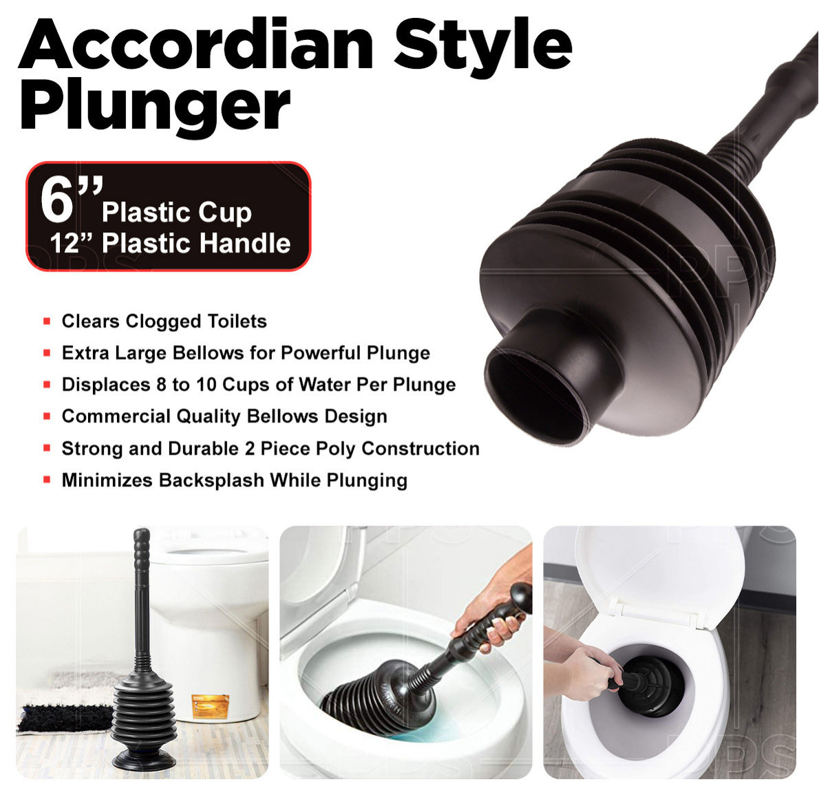Accordion Toilet Plunger With Large Bellows for Extra Powerful Plunge ...