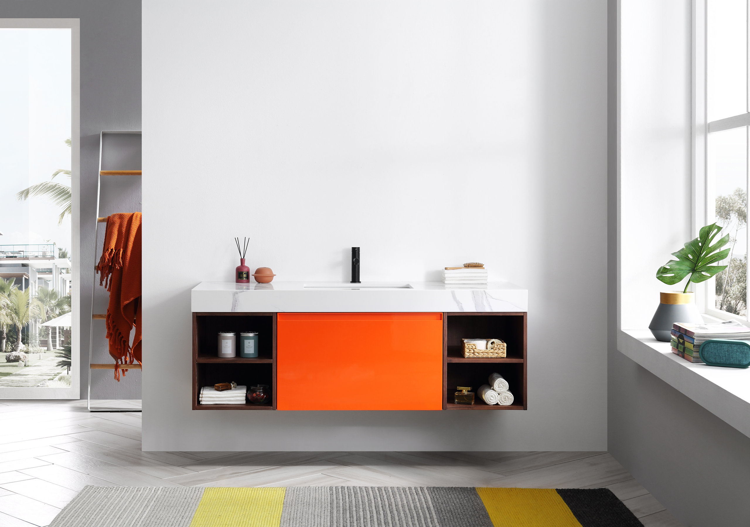 Manarola Red Amber with Thick Quartz Wall Mount Vanity, Open Shelf, 60 ...