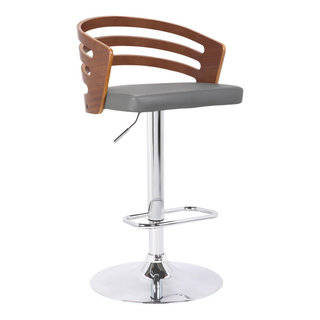 Adele Adjustable Height Swivel Grey Faux Leather and Walnut Wood Bar Stool - Transitional - Bar ...