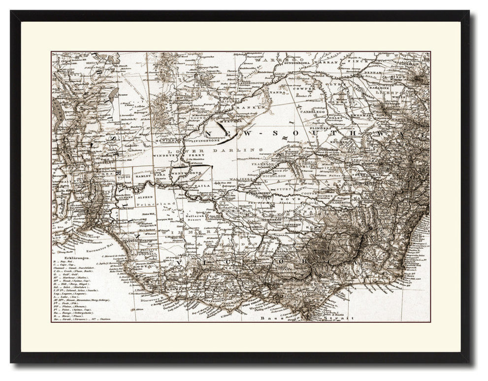 Australia Old Sepia Map Print On Canvas With Black Custom Frame, 16" X ...