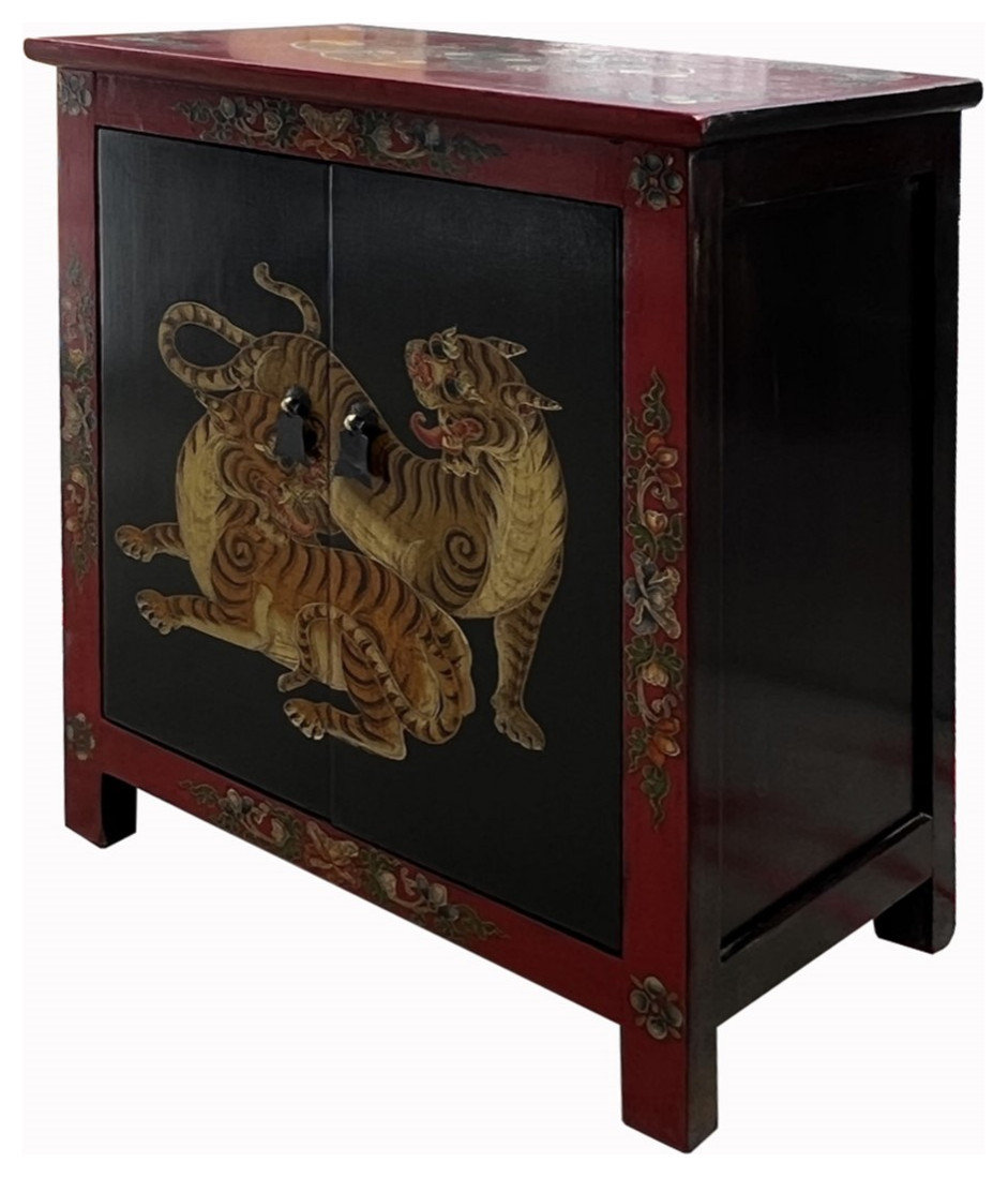 Tibetan Oriental Black Red Double Tigers End Table Nightstand Hcs7589 ...