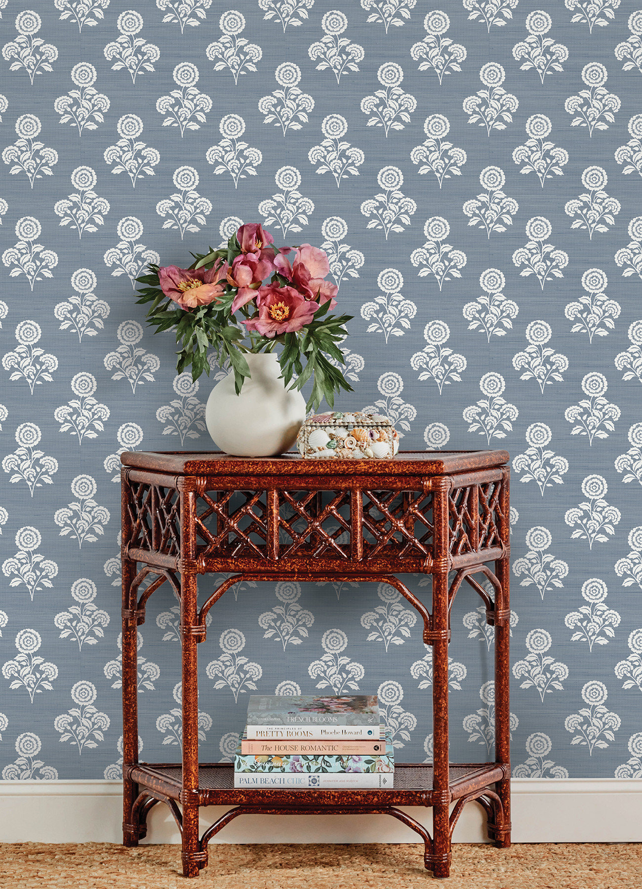 Flourish Block Print Min Blue Faux Grasscloth Peel and Stick Wallpaper ...