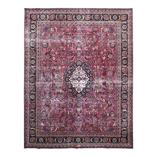 Red Vintage and Worn Zoroastrian Mashad Wool Hand Knotted Rug 10' x 12 ...