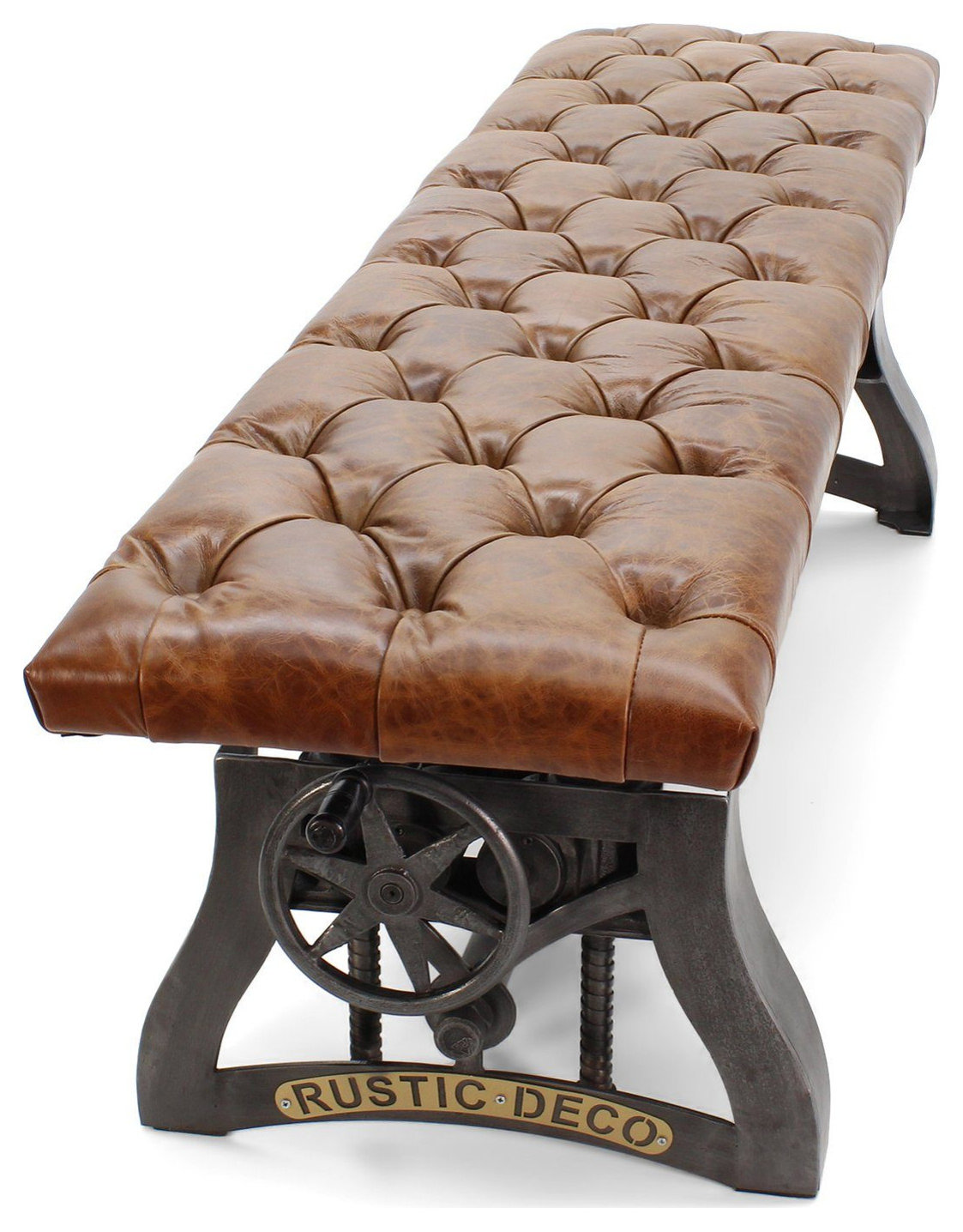 Crescent Industrial Dining Bench - Adjustable Iron Base - Brown Leather ...