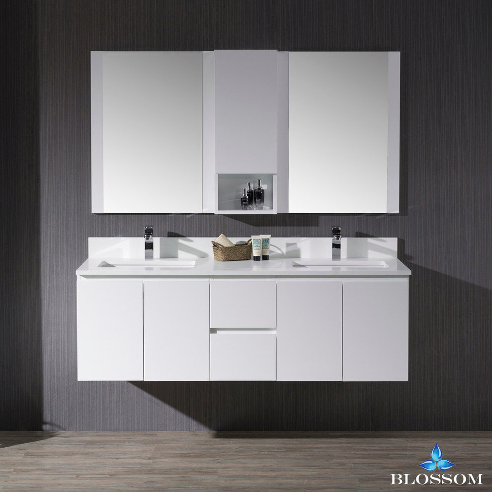 Monaco 60" Double Wall Mount Vanity Set With Mirror and Wall Cabinet ...