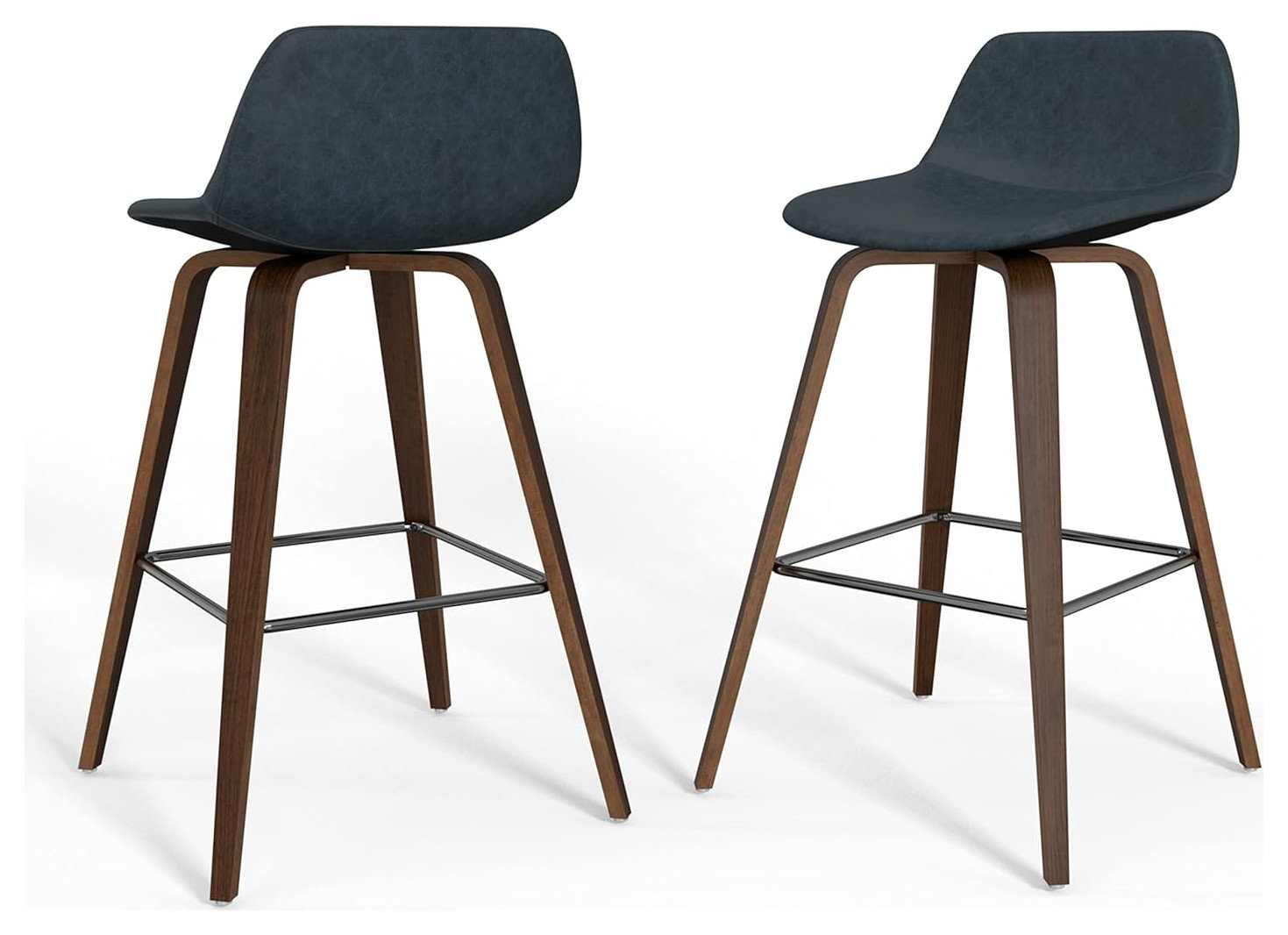Chic Set of 2 Mid Century Counter Stools, Distressed Blue Vegan Leather ...
