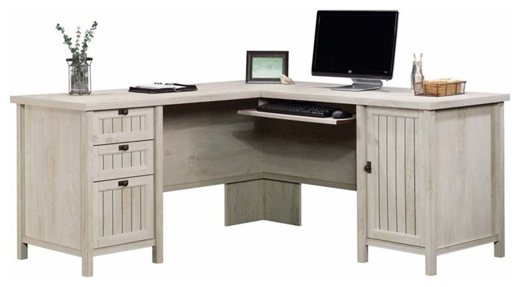 Sauder Costa L Shaped Computer Desk with Hutch in Chalked Chestnut ...