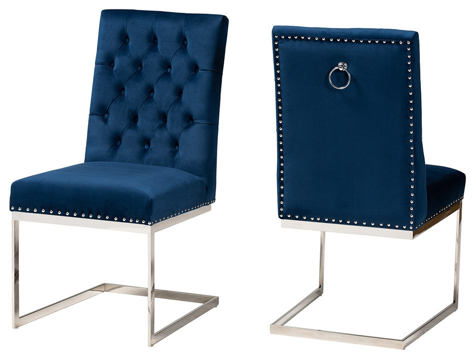 Glam and Luxe Navy Blue Velvet Fabric and Silver Metal 2-Piece Dining ...