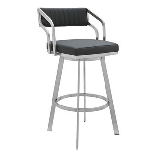 Modern Bar Stool with Grey Faux Leather Seat and Ribbed Open Back ...