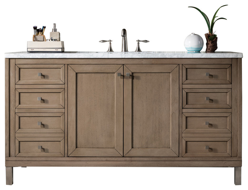 Chicago 60" Whitewashed Walnut Vanity, Carrara Marble Top ...