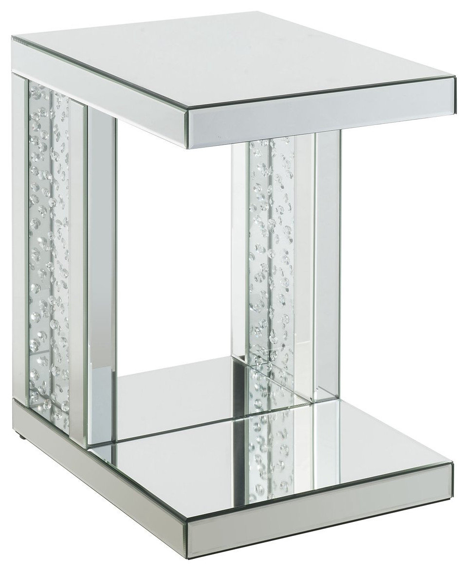 Mirrored Glam Side Table with Faux Crystal Inlay & C-Shaped Base Design ...