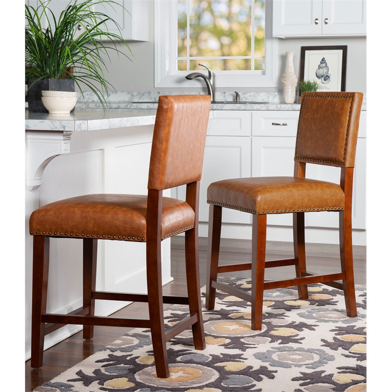 Linon Brook 30" Wood Bar Stool Caramel Faux Leather Nailhead Trim in ...