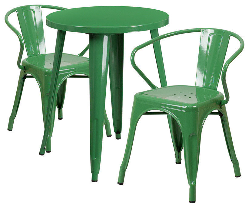 Flash Commercial Grade 24" Round Green Metal Table Set with 2 Arm ...