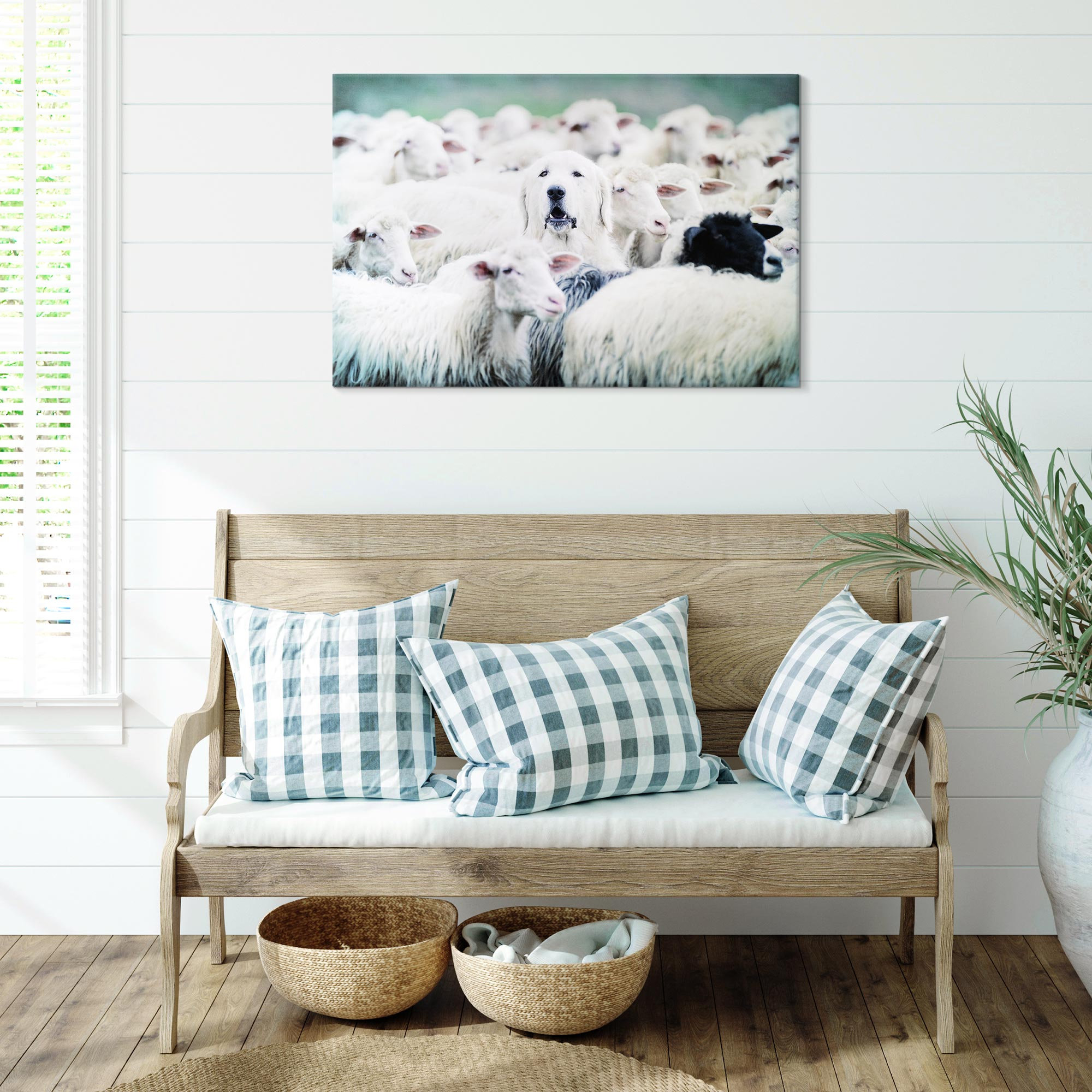 Good Shepherd Dog With Sheep Glossy Canvas Wall Art Print 36" x 24", 36 ...