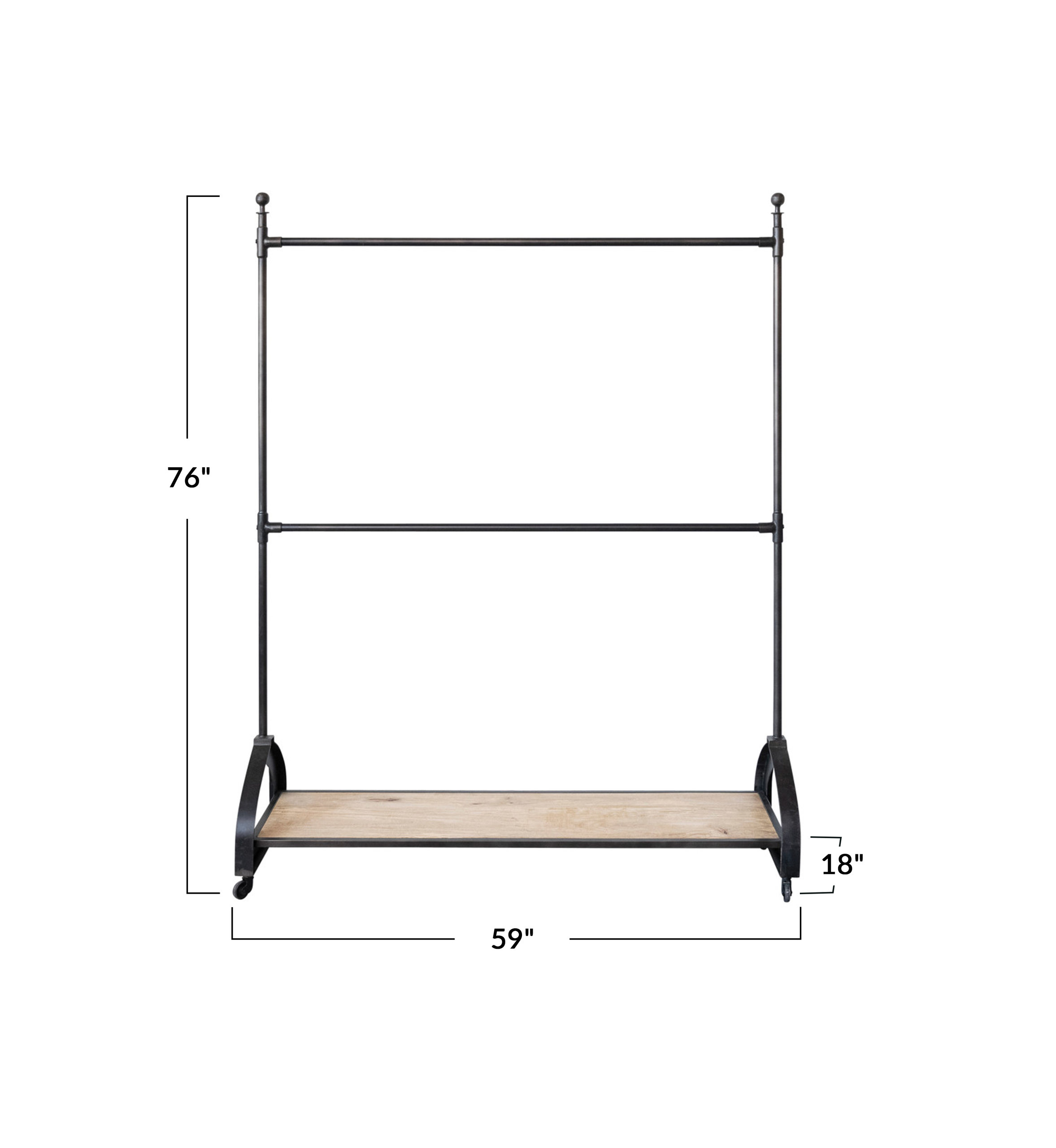 Metal and Mango Wood Rack on Wheels With 2 Rods and Shelf, Natural and ...