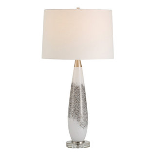Elegant White Art Glass Mottled Metallic Silver Table Lamp 29 in ...