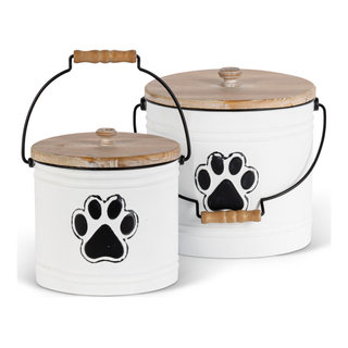 Set of 2, Assorted Metal Pet Storage Buckets, Wooden Lids and Handles ...