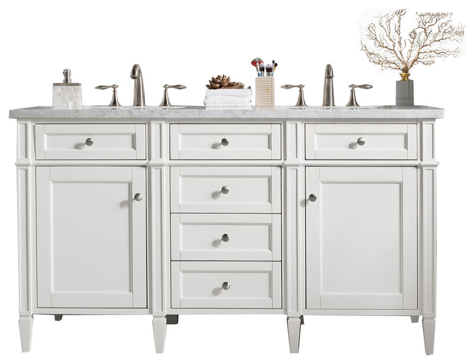 Brittany 60" Bright White Double Vanity, Arctic Fall Solid Surface Top ...