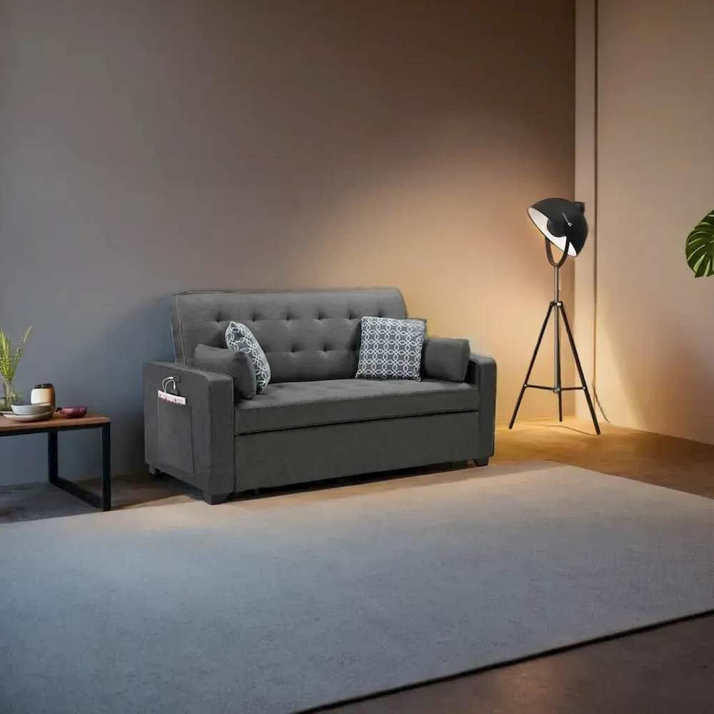 Modern Gray Fabric Sleeper Sofa Featuring USB Ports and Decorative ...