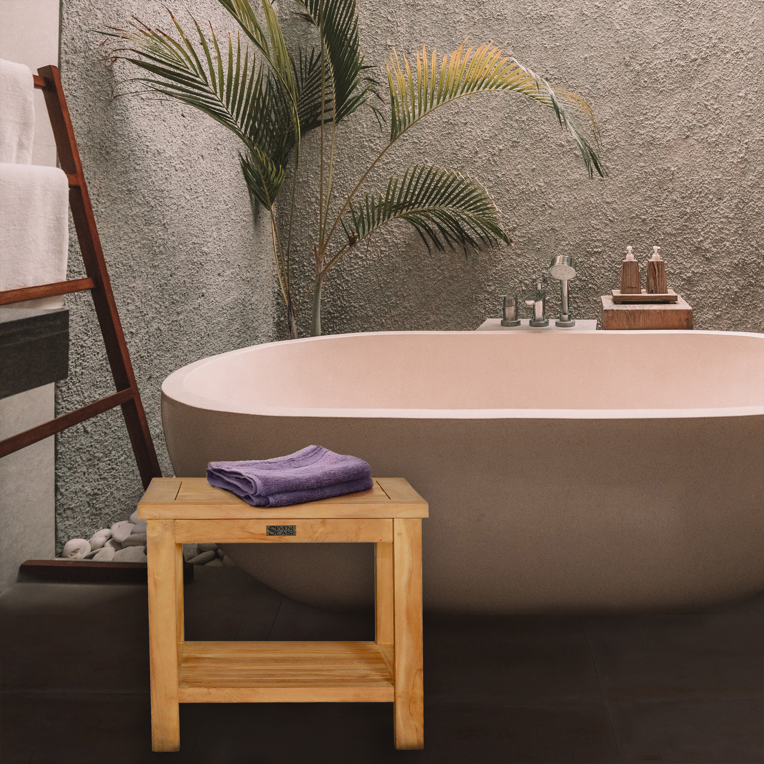 Teak Wood Bermuda Bathroom Shower Stool, Large - Transitional - Shower ...