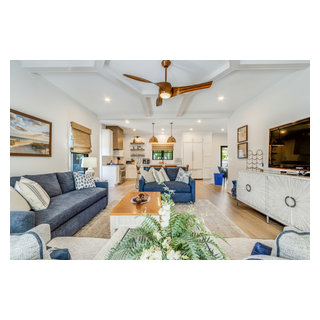 Open Concept Living Room with Unique Coffered Ceiling - Beach Style ...