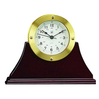 Bey Berk Gold Tone Round Quartz Clock on Mahogany Base - Transitional ...