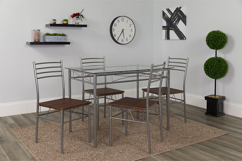 Murray Hill 5-Piece Glass Dinette Set With Walnut Wood Grain Chairs - Contemporary - Dining ...
