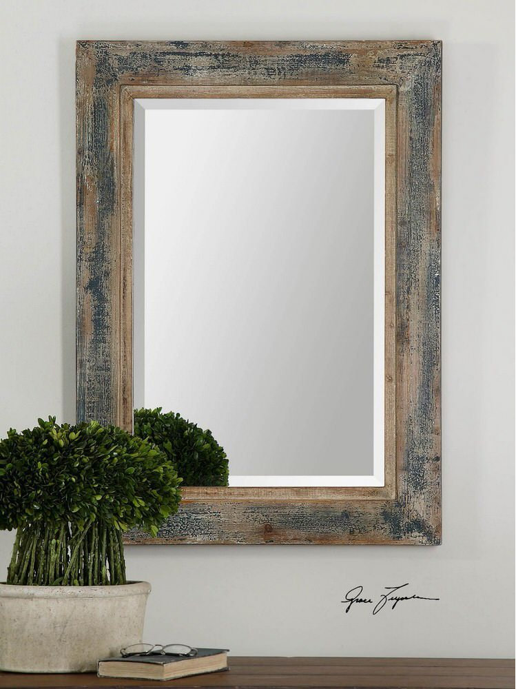 Rustic Rectangular Mirror in Distressed Slate Blue Finish Aged Wood ...