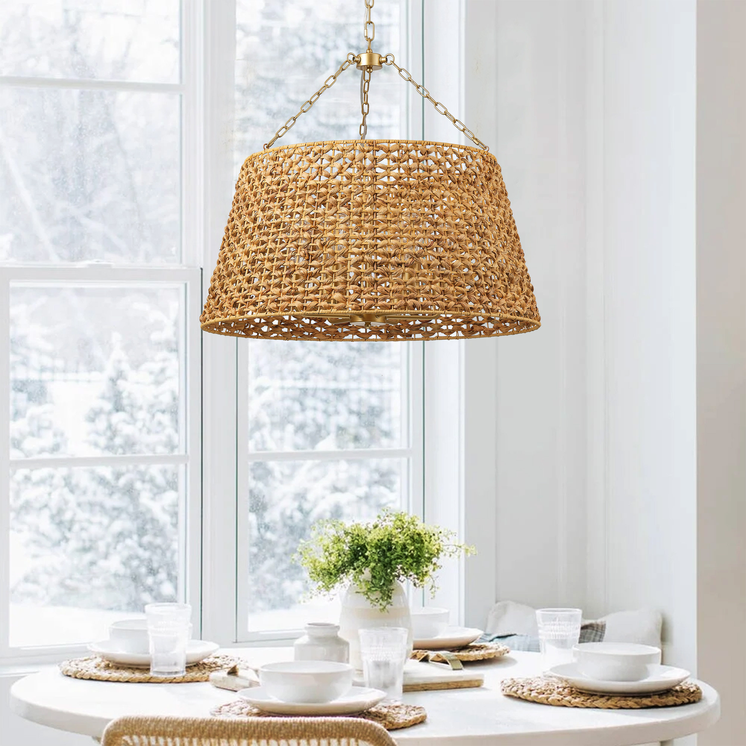 Farmhouse Painted Gold 6-Light Unique Hand Woven Oversize Pendant Light ...