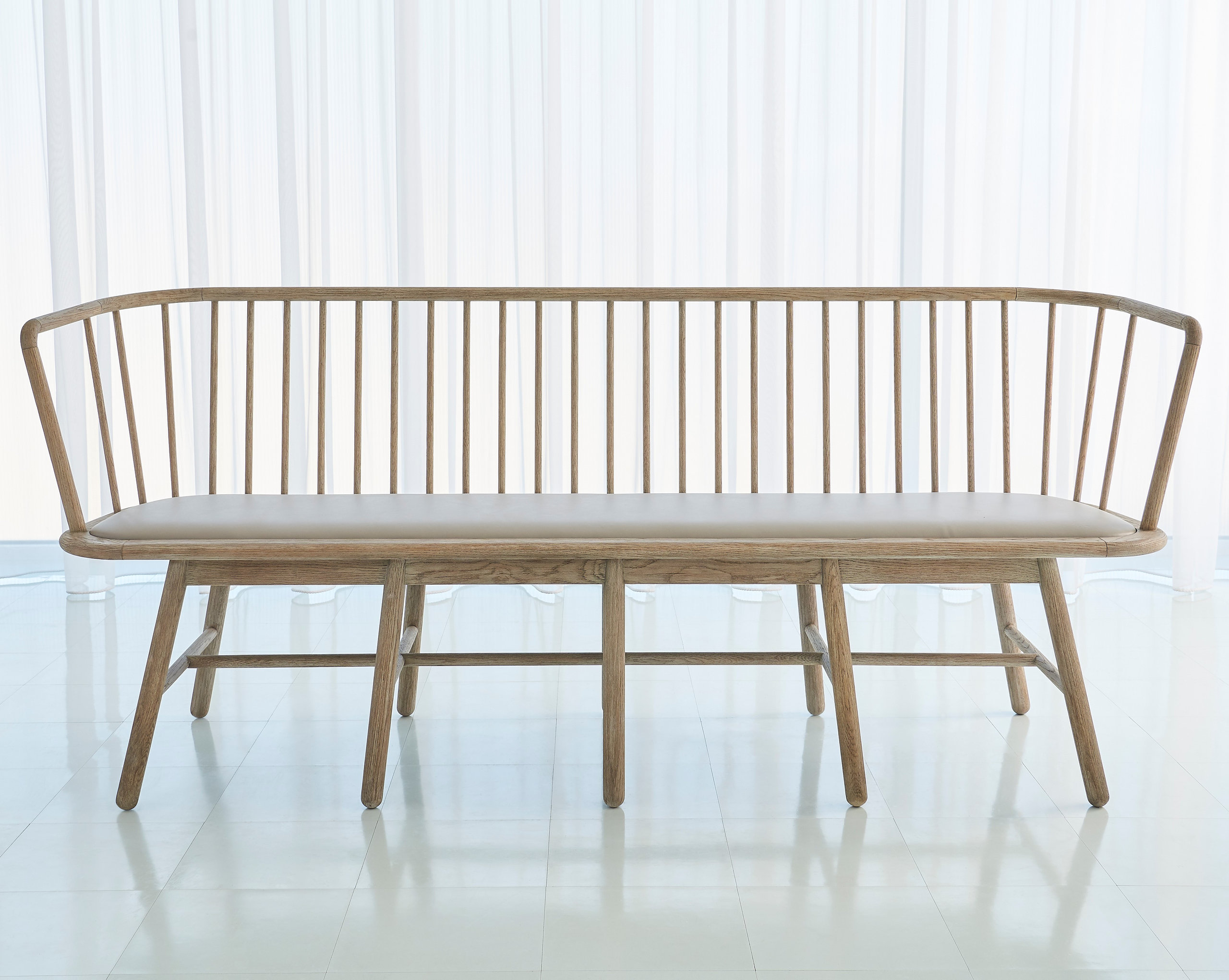 Elegant Classic Shaker Long Wood Leather Bench, Spindle Gray Minimalist ...
