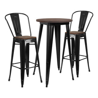 24" Round Black Metal Bar Table Set with Wood Top and 2 Stools ...
