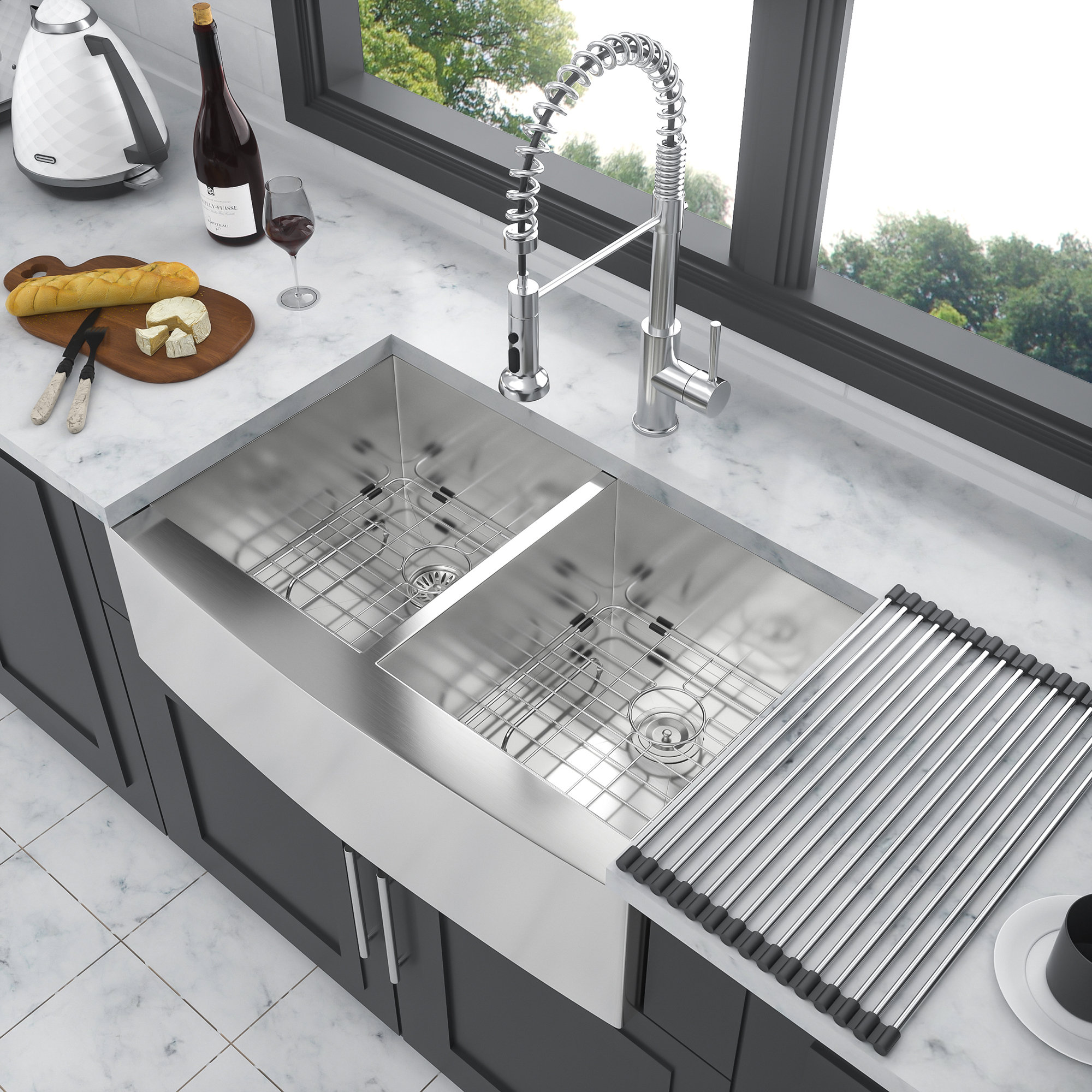 Stainless Steel Double Bowl Farmhouse Kitchen Sink, Sink Grid, 33" X 20 ...