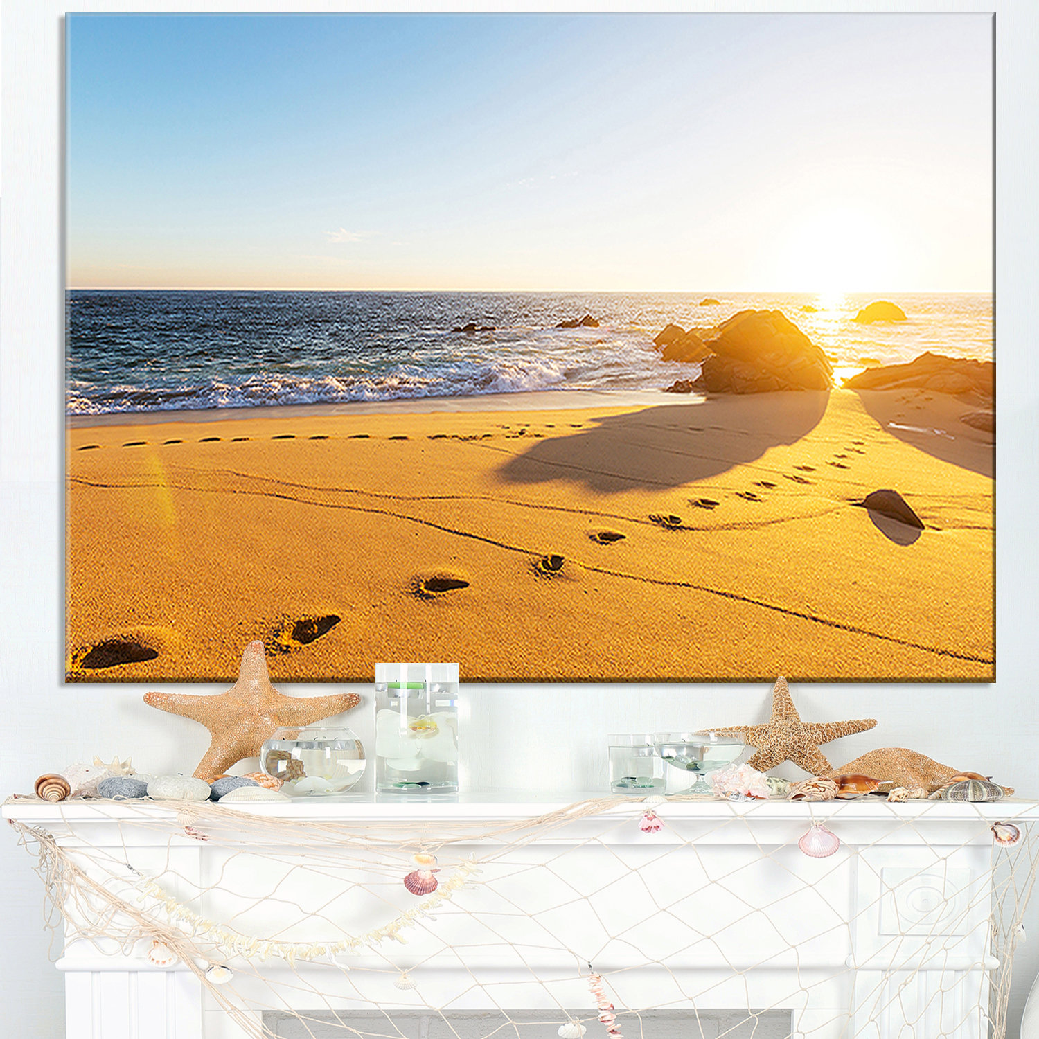 "Large Footprints On Beach Sand" Modern Beach Canvas Art Print, 40"x20 ...