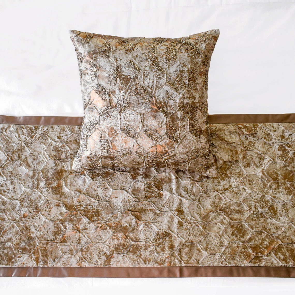 Decorative Copper Jacquard, Beaded and Foil Aranka, Queen 74"x18" Bed ...