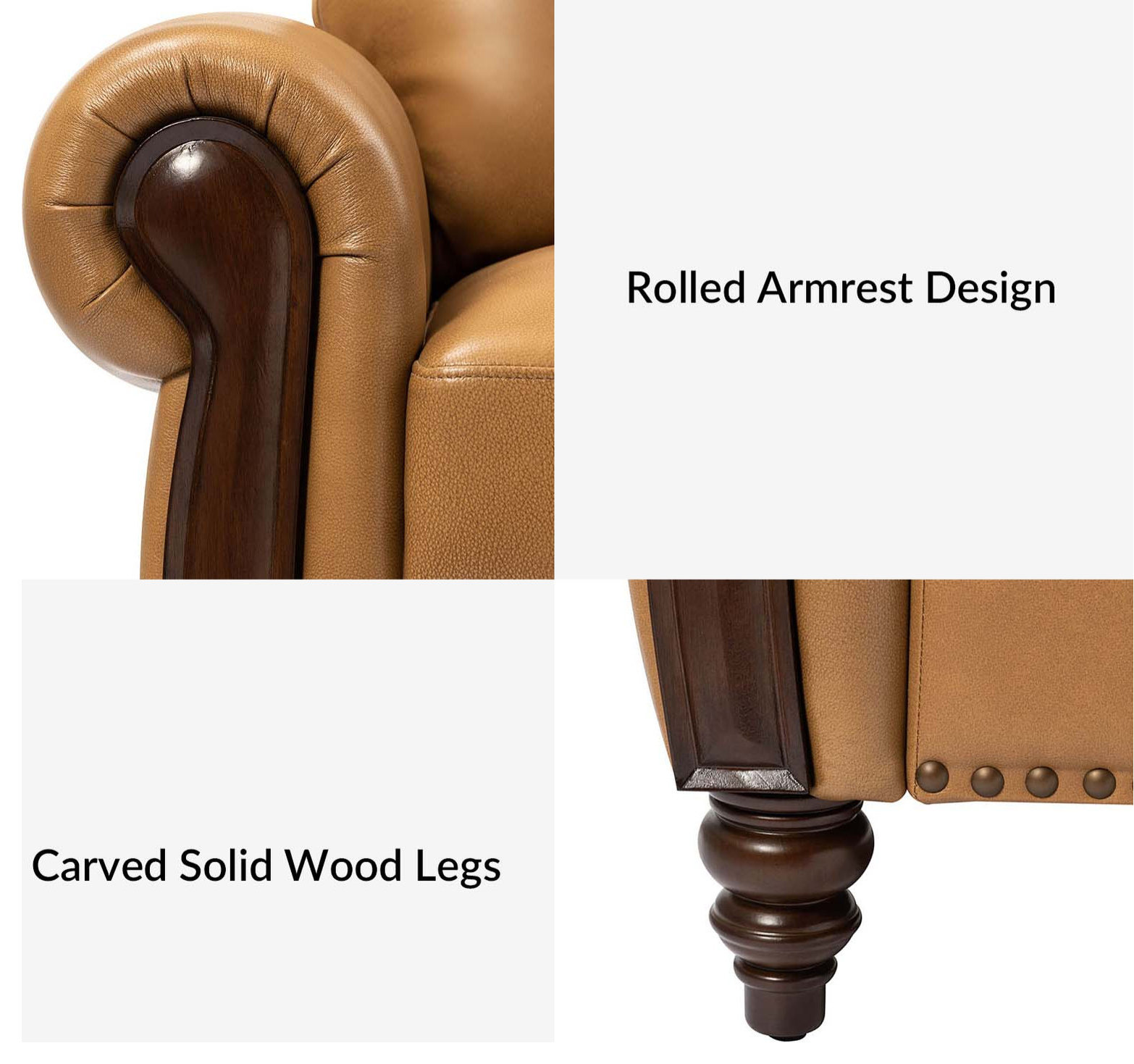 84" Genuine Leather Sofa With Carved Solid Wood Legs - Traditional ...