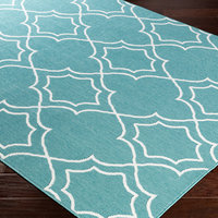 Alfresco Trellis Teal, White Area Rug, 5'3" Round - Mediterranean ...